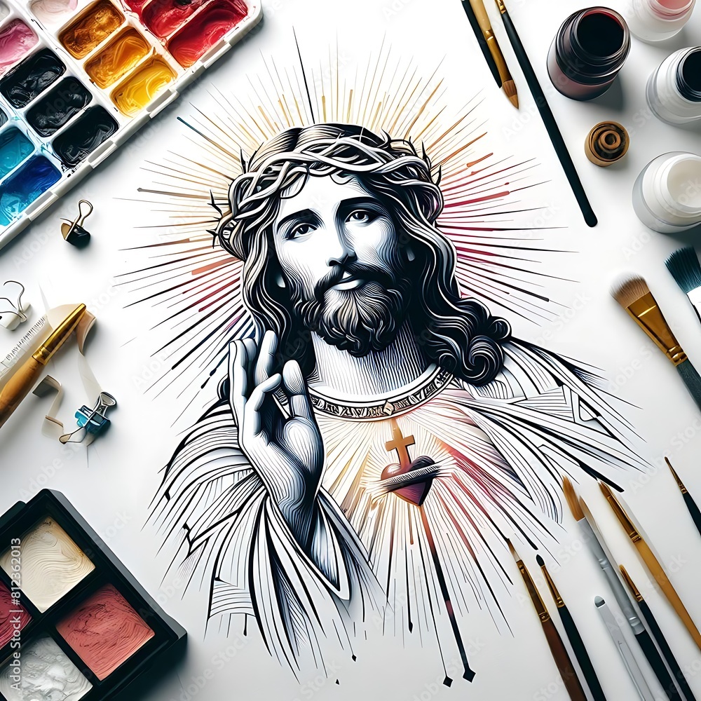 A drawing of a jesus christ with a crown of thorns on a white surface ...