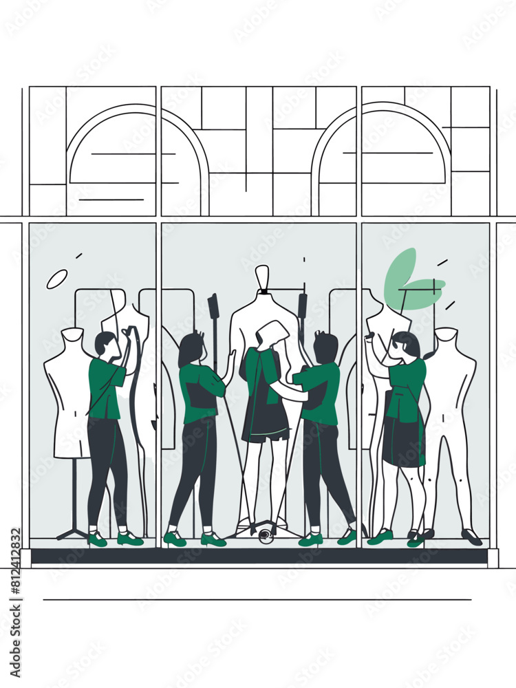 Graphic Representation of a Team of Retail Store Team Decorating a ...