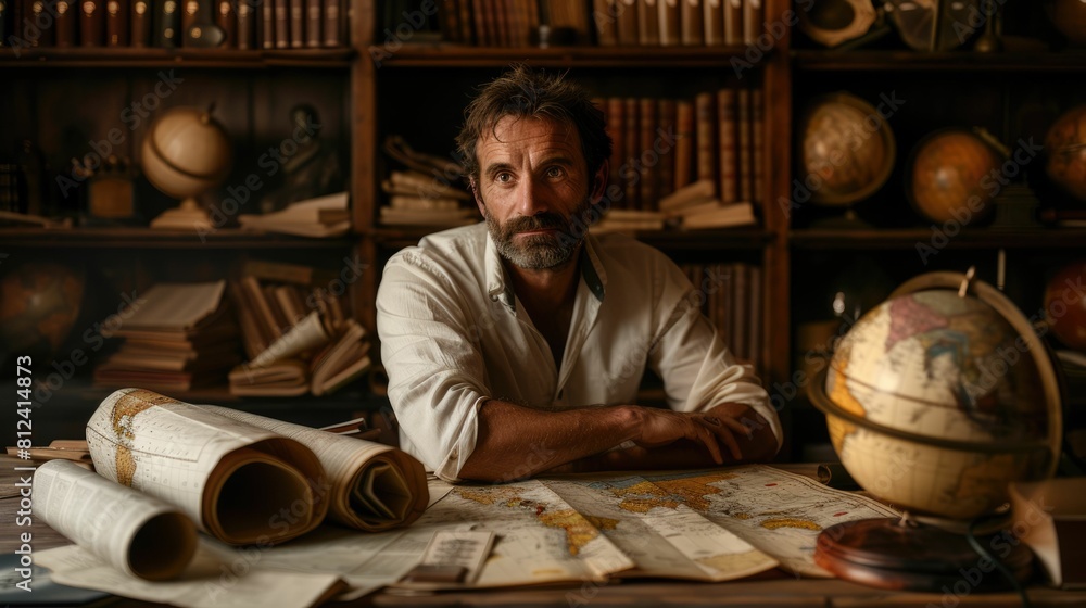 The picture of the cartographer working inside the workshop doing about ...