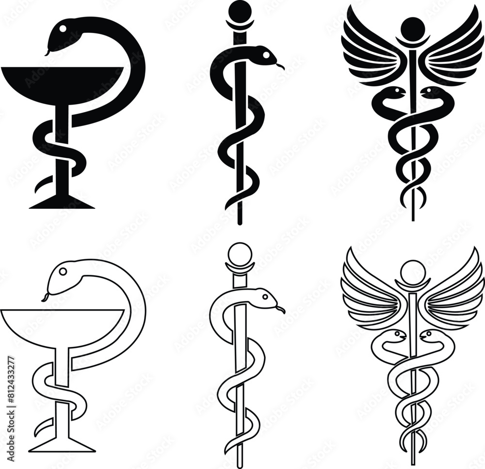 Set of Caduceus snake icons Flat Styles. Rod of Asclepius signs ...