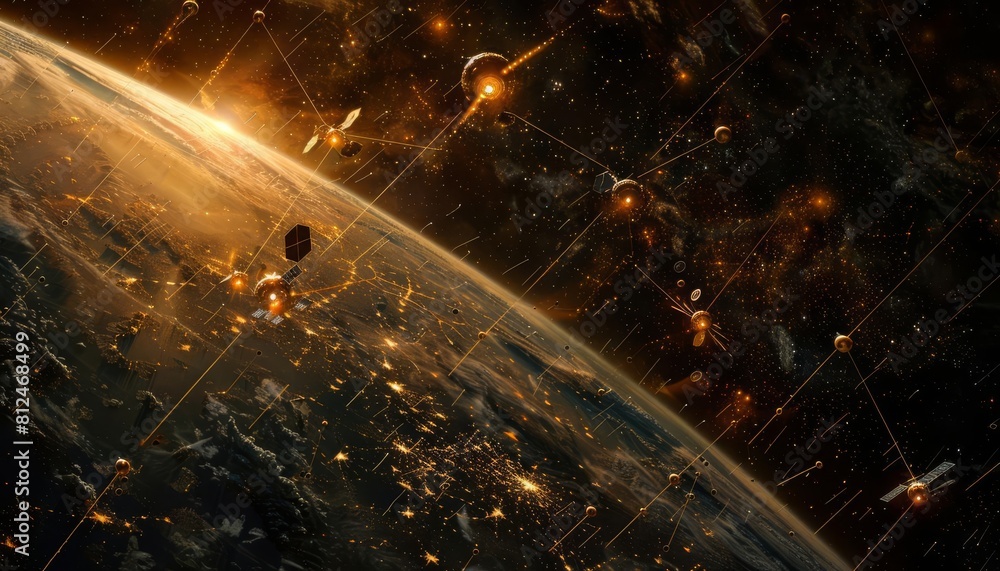 An illustration showing a network of satellites monitoring and managing ...
