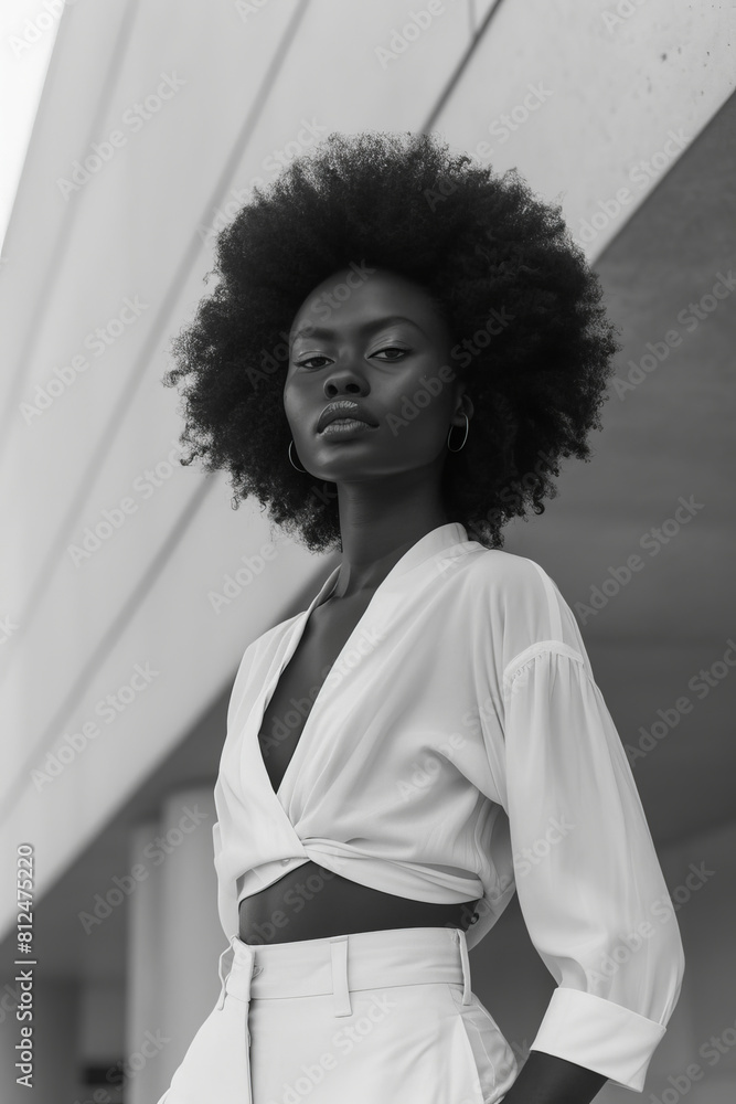 B&W minimalist elegance with a black afro american female model. Woman ...