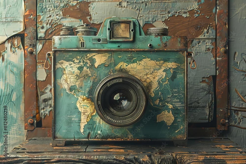 Earth inside a vintage camera, each flash capturing moments from human ...