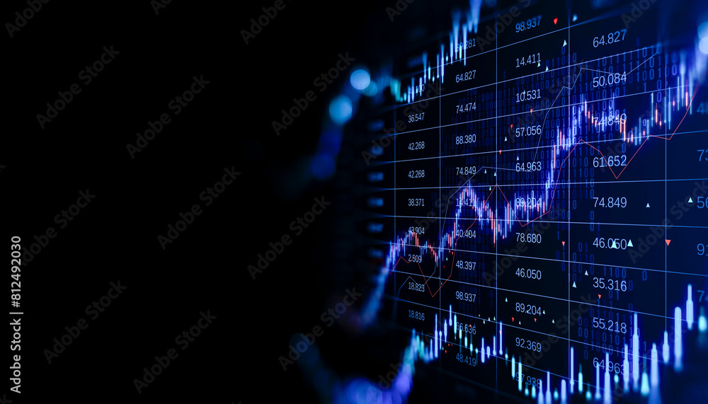 Creative candlestick forex chart with index on dark background with ...