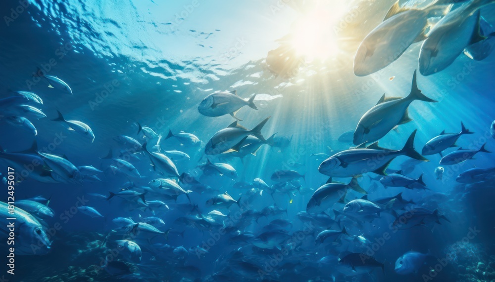 Groups of giant Tuna fish in the underwater, coral reef, amazing ...