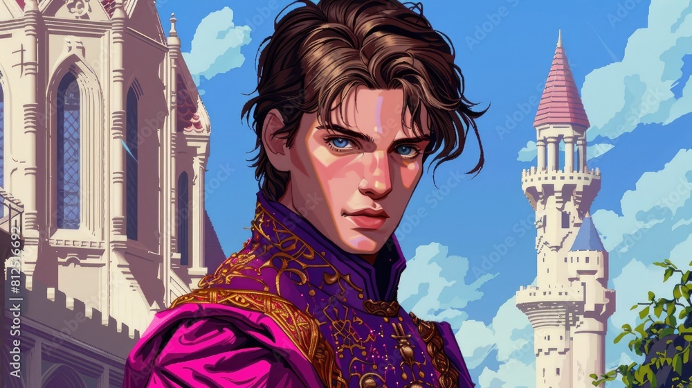 8k fantasy pixel art depicting a young prince with brown hair and blue ...