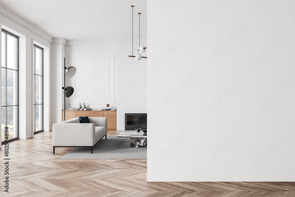 Stylish home living room interior with couch, fireplace and window ...