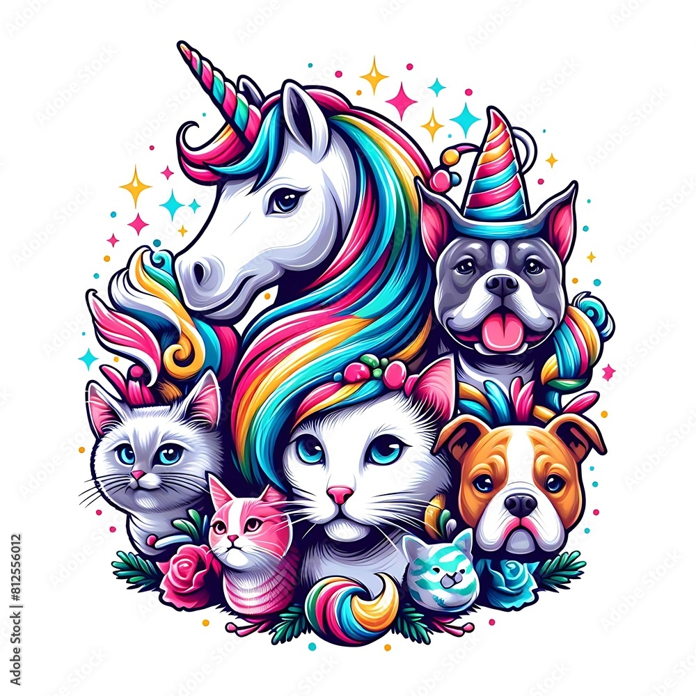 Many animals include dogs, cats, unicorns with rainbow hair art ...