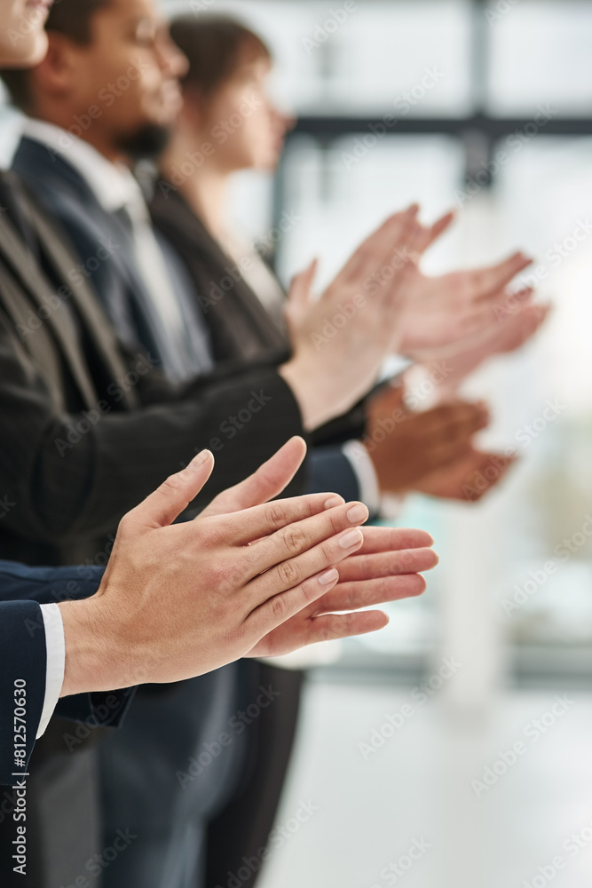 Business people, team and hands applause for celebration support or ...