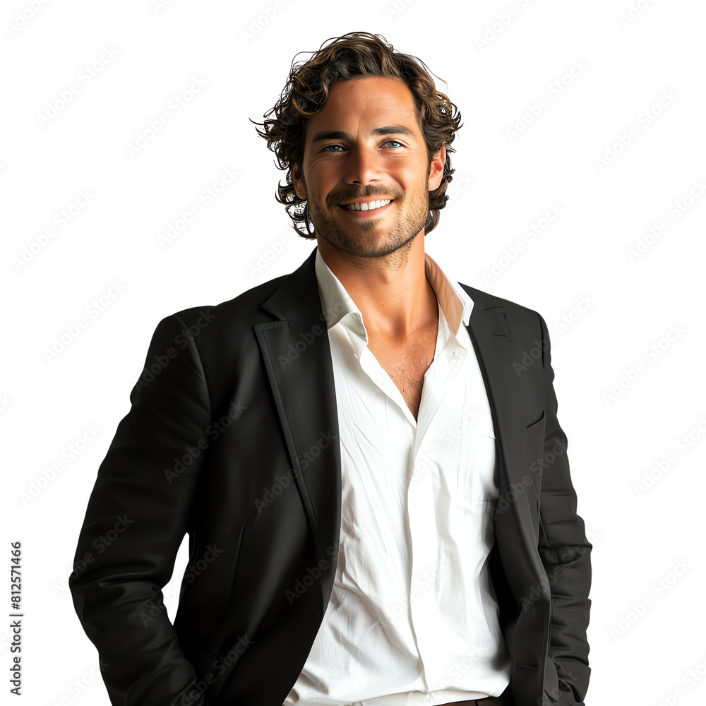 Successful businessman with toothy smile wearing white shirt and black ...