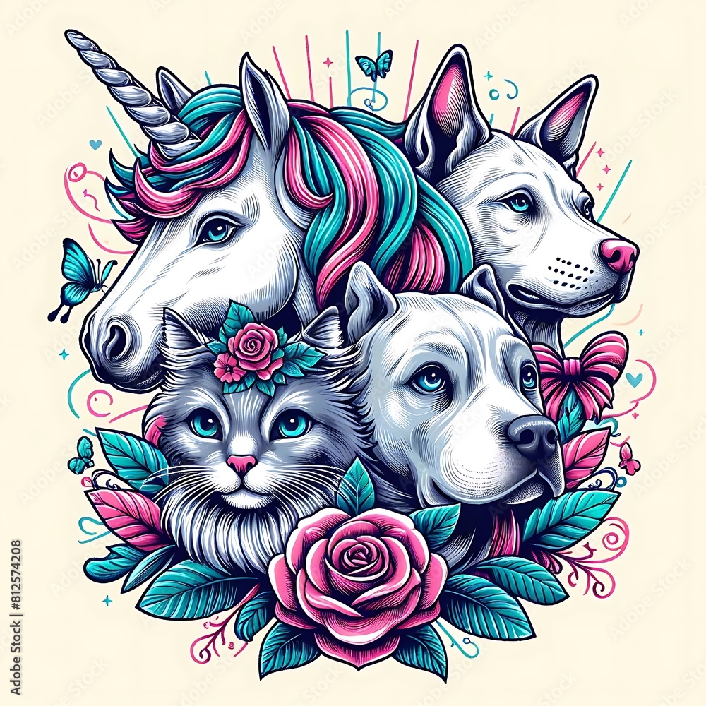 Many animals include dogs, cats, unicorns with unicorn and cat art ...