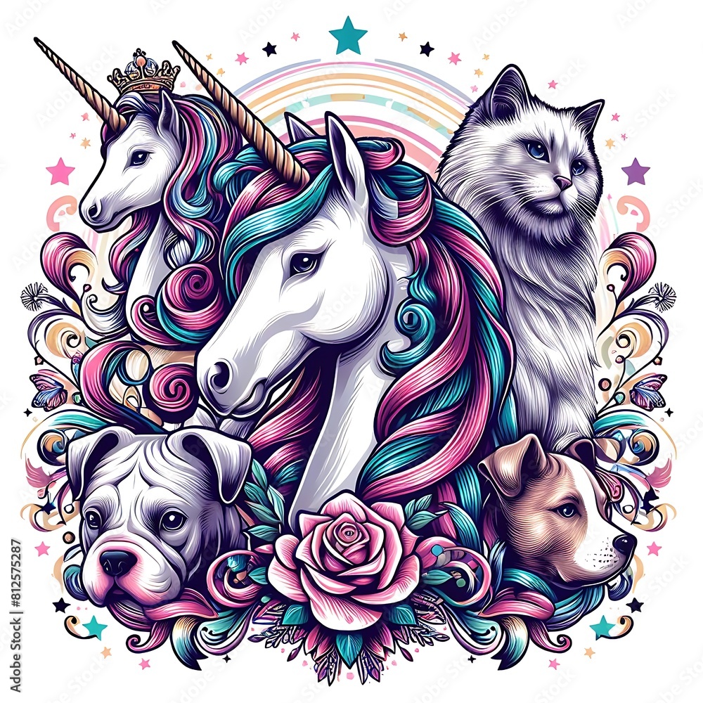 Many animals include dogs, cats, unicorns with rainbow hair image art ...