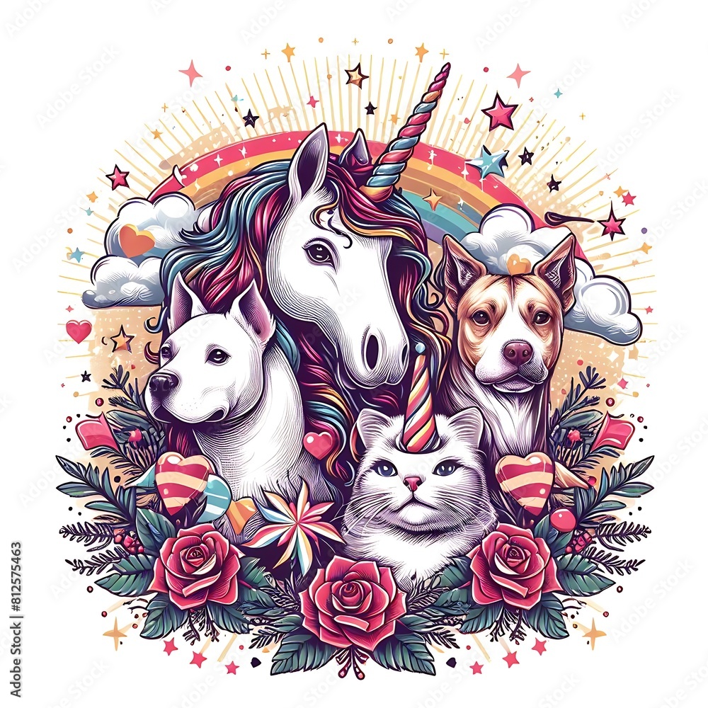 Many animals include dogs, cats, unicorns with unicorn horn and rainbow ...
