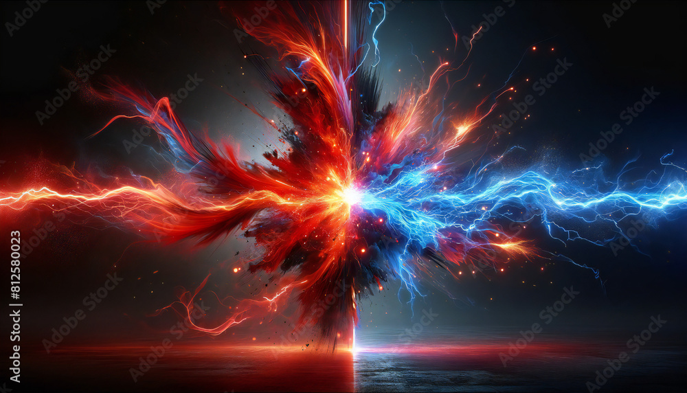 赤と青の雷. バーサス背景. Red and blue lightning. Versus background. AI generated ...