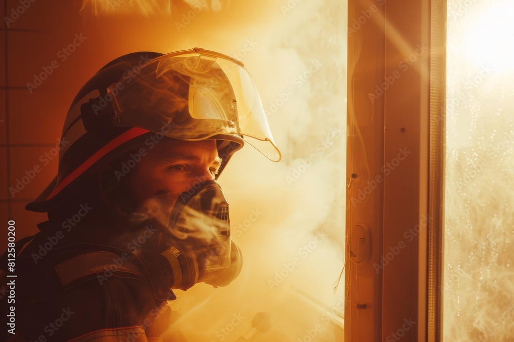 A brave firefighter, clad in full gear, stands in the midst of smoke ...