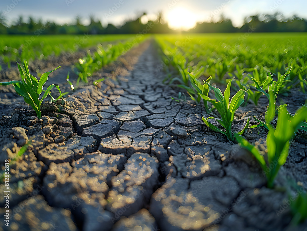 Dried and cracked soil path with young corn plants growing. Low angle ...