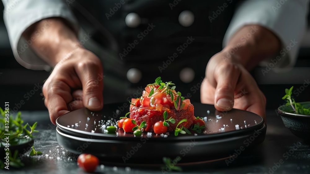 Visualize a chefs hands artfully plating a gourmet dish, highlighted ...