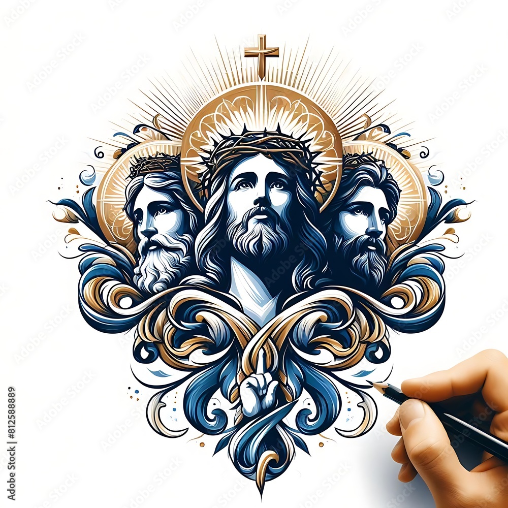 A drawing of a jesus christ with a crown of thorns and a cross image ...