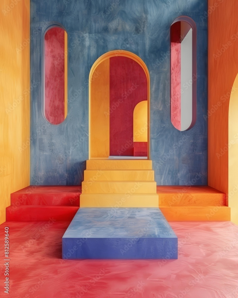 Contemporary art podium, with abstract geometric shapes in vibrant ...