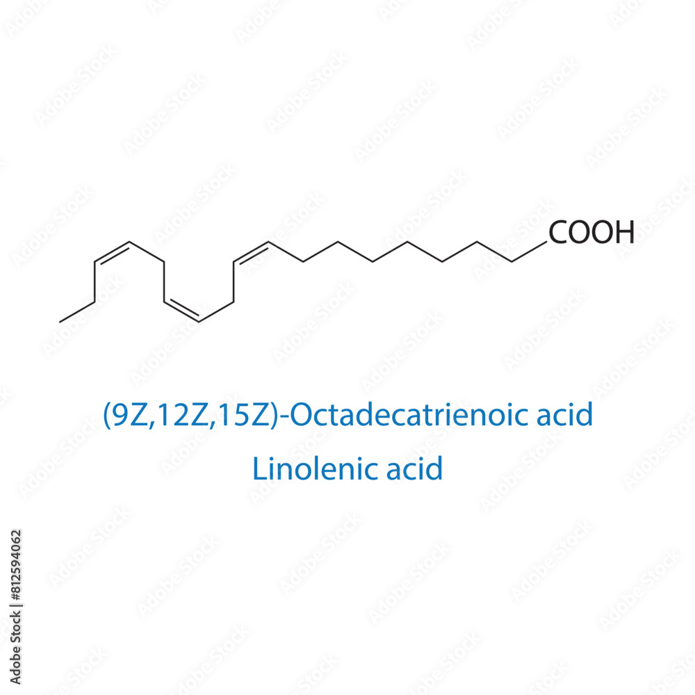 (9Z,12Z,15Z)-octadecatrienoic acid, linolenic acid molecule skeletal ...