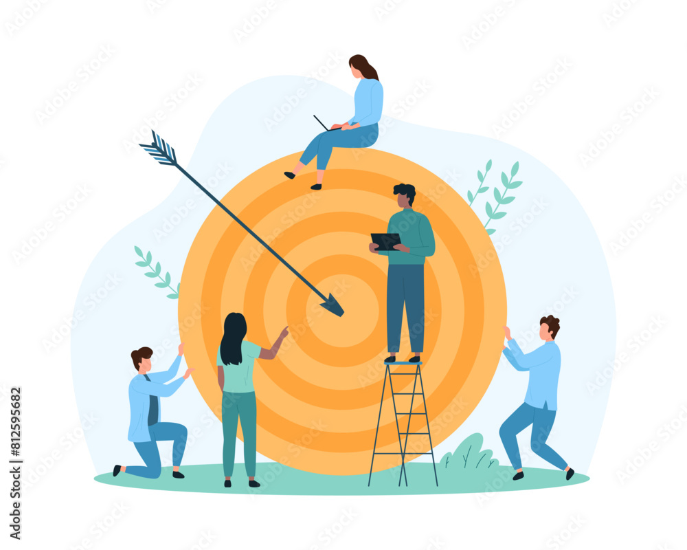 Hit target, business goal achievement, success strategy analysis. Tiny ...