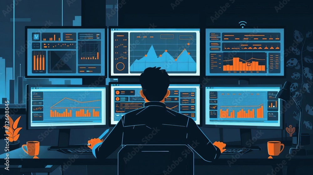 Visualize a data scientist training a machine learning model to predict stock market trends on ...