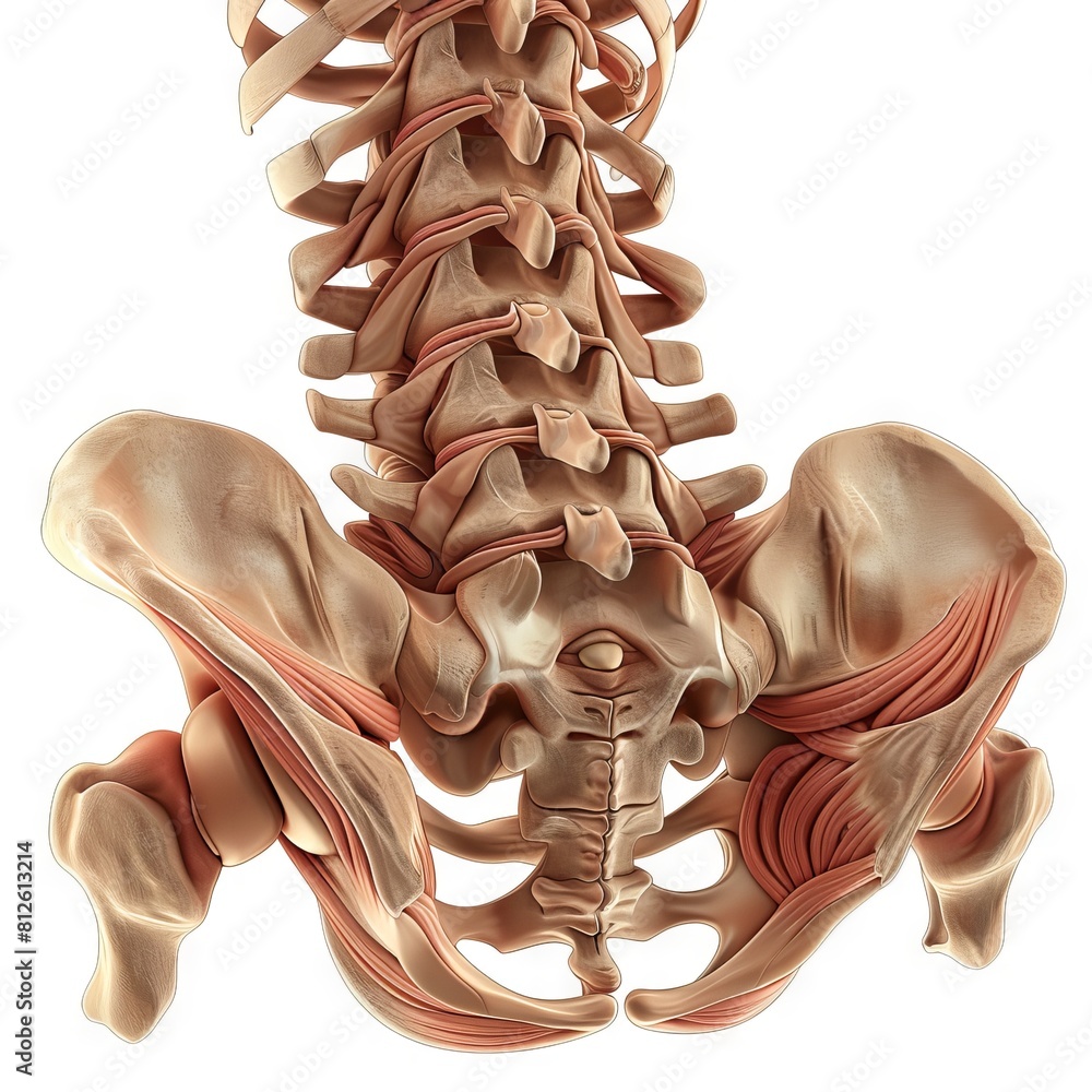 Human spine and pelvis with muscles, full posterior view Stock ...