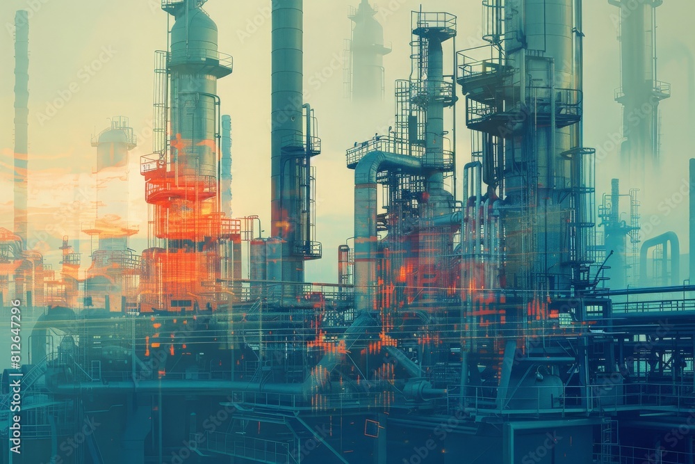 Future factory plant and energy industry concept in creative graphic ...