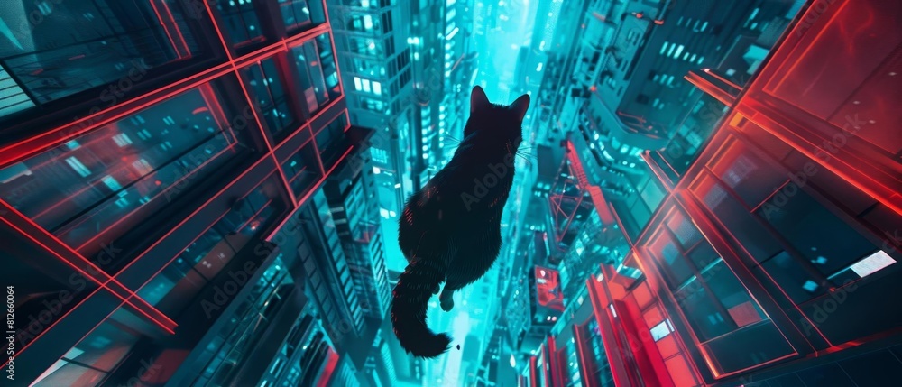 Animated cat running through a virtual cityscape in a top view ...