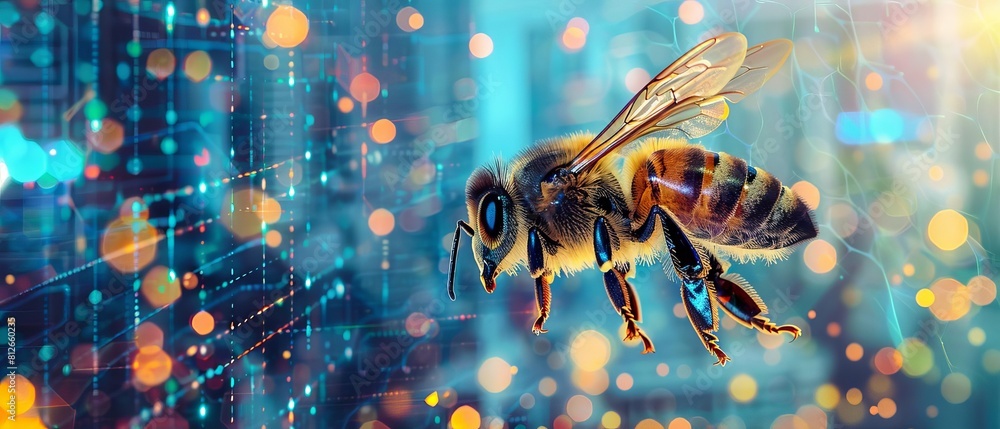 Bee flying across a digital cityscape in a side view, mimicking data ...
