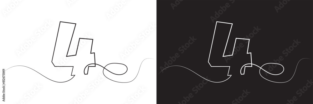 Number 4 line art silhouette. One line continuous outline vector ...