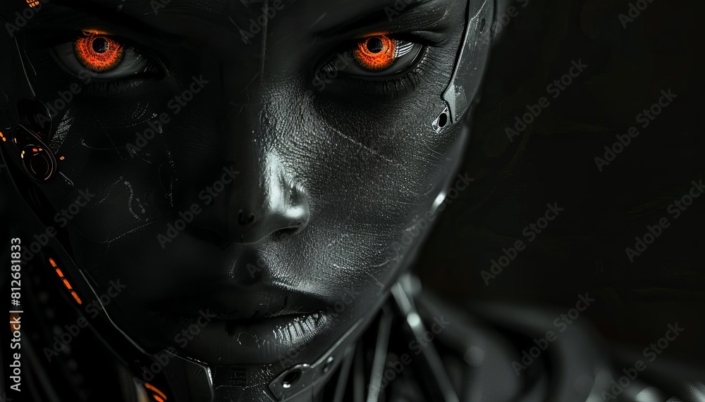 Depict a futuristic cyborg face with halfskin, halfmetal, intense eyes ...