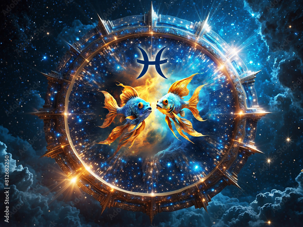 zodiac sign of pisces with two fish in horoscope wheel in blue tonality ...