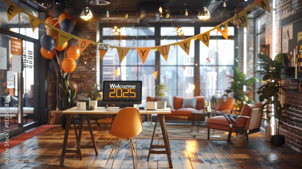 Festive office countdown to 2025 with balloons and clock. 2025 ...