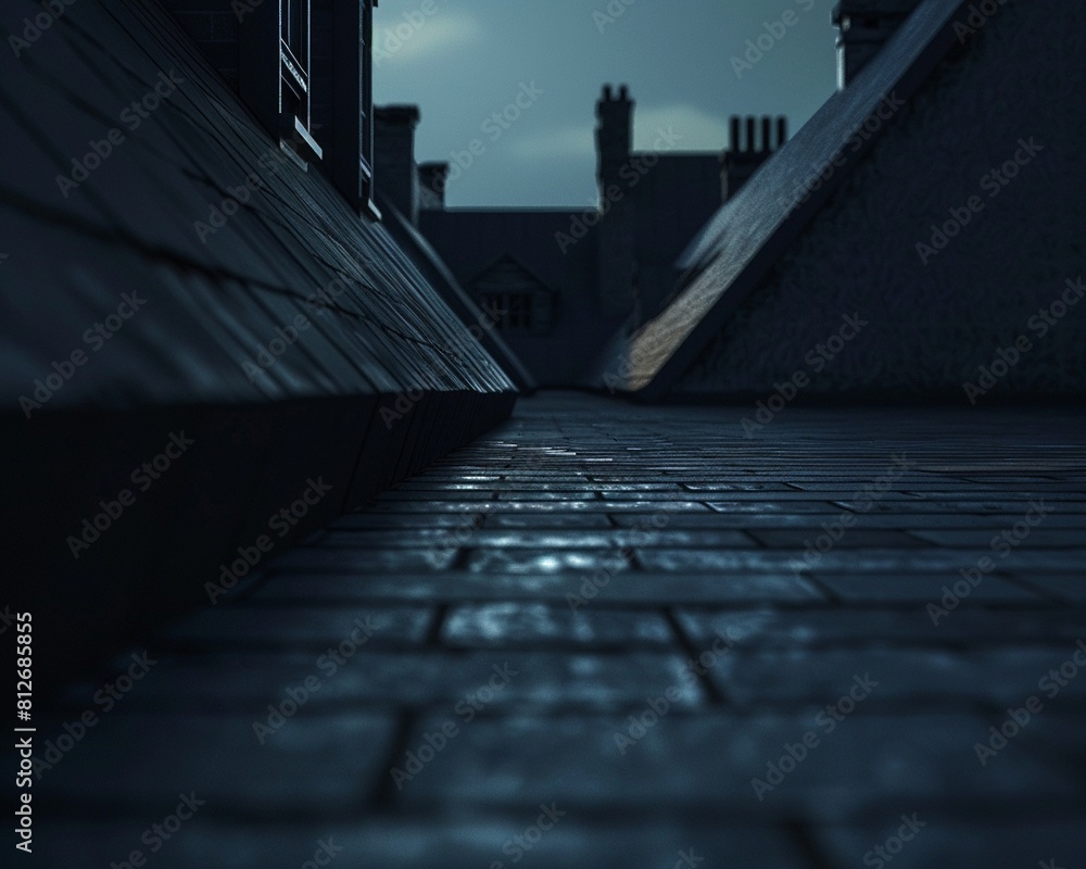 The photo shows a view of a wet rooftop from the height of a dormer ...