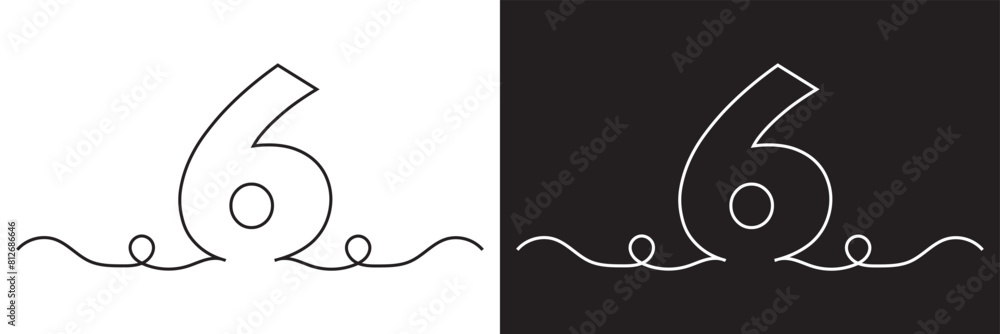Number 6 line art silhouette. One line continuous outline vector ...