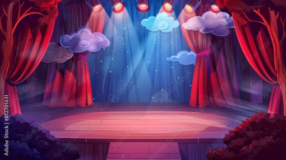 A vibrant vector cartoon illustration of a theater stage, framed by ...