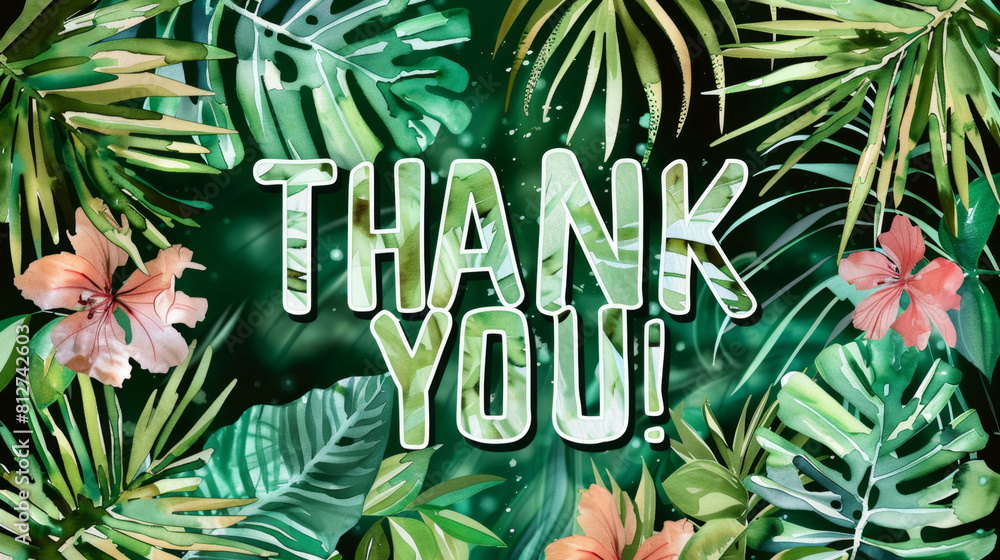 Vibrant Tropical Thank You Card Design with Lush Greenery and Flowers ...
