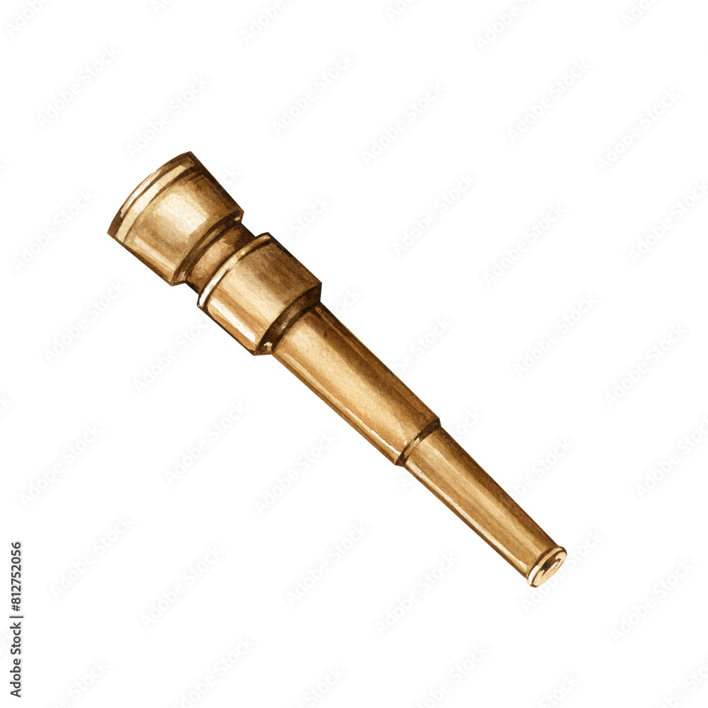 vintage brown spy glass, watercolor old nautical telescope, instrument ...