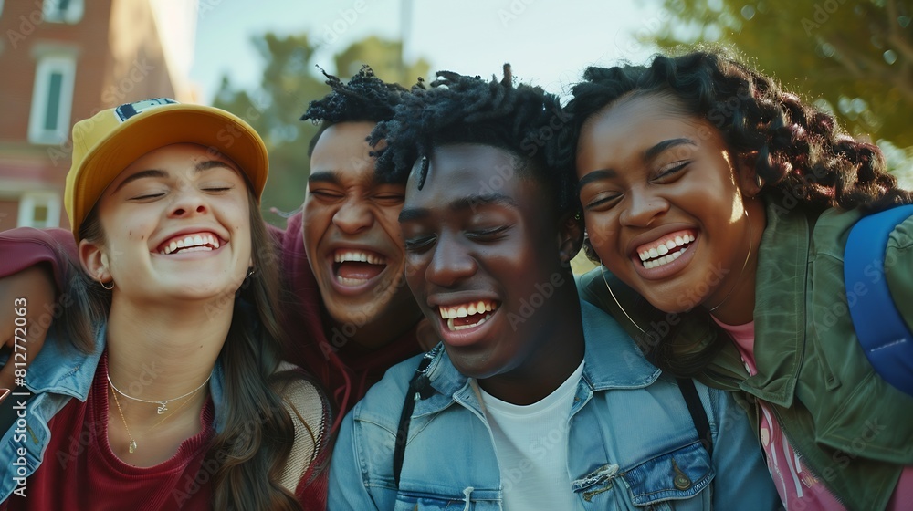 Group of multiracial best friends laughing together outdoor Mixed race ...