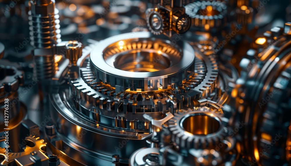 animated hologram of a complex machine with interlocking gears turning ...