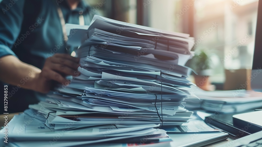 Pile of presentation brochure document concept Businessman hands ...