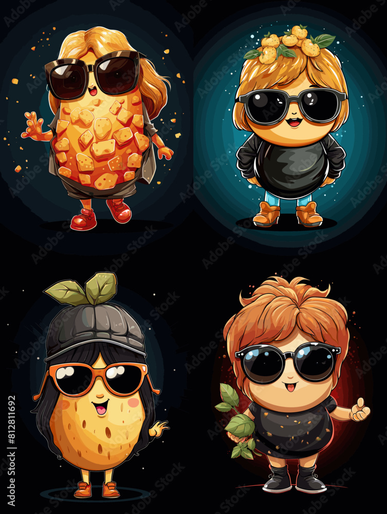 Playful anthropomorphic snack characters with sunglasses and cool ...