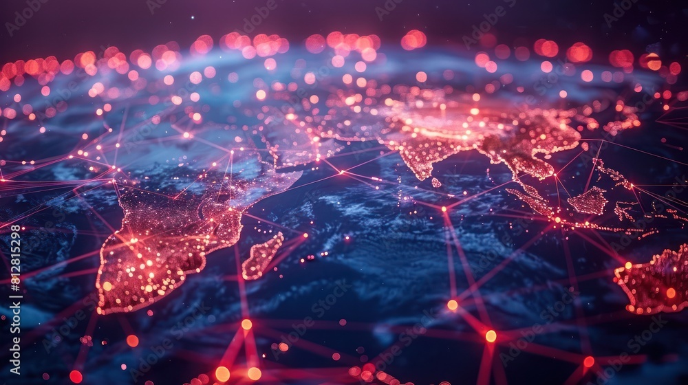 Abstract glowing plexus world map with bright red dots connected with ...