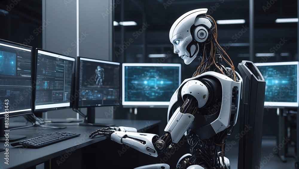 A strong artificial intelligence robot sitting at a desk with a ...