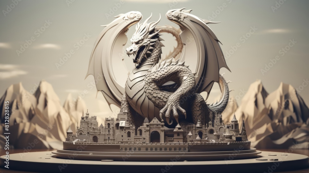 Dragon guarding treasure flat design side view adventure theme 3D ...