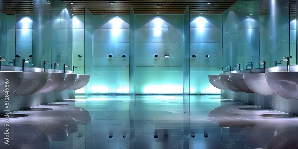 Contemporary bathroom with sleek sink faucet and linedup public toilet ...