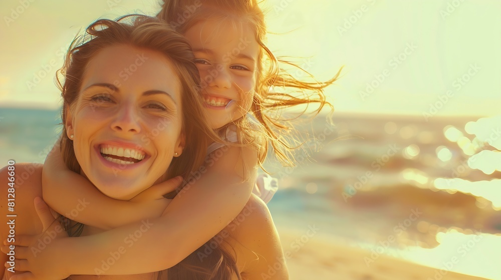 Smiling mother and beautiful daughter having fun on the beach Portrait ...