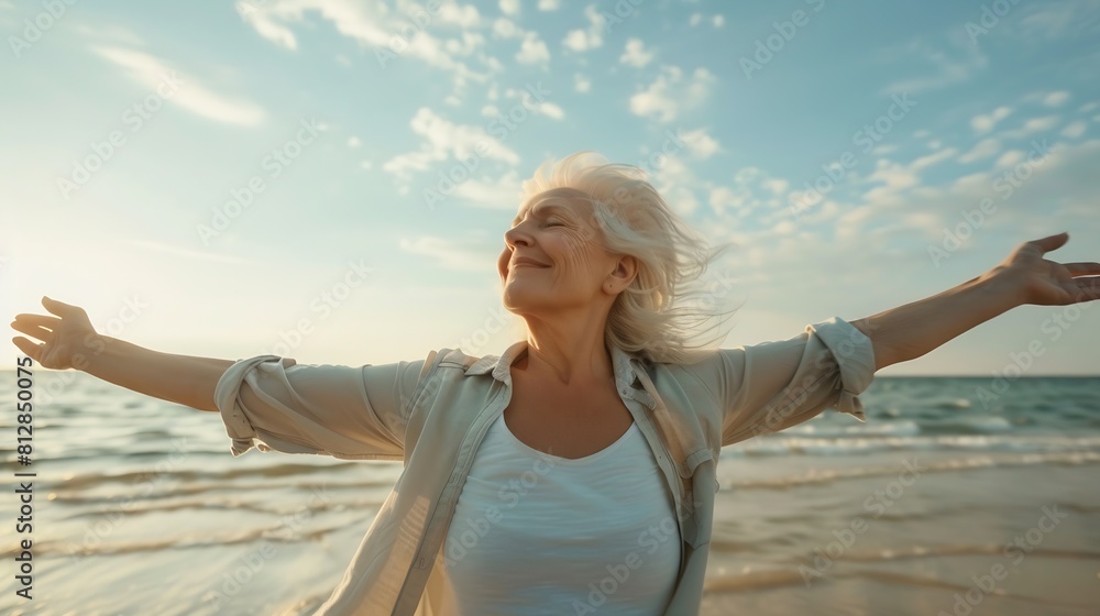 Happy mature woman with arms outstretched feeling the breeze at beach ...