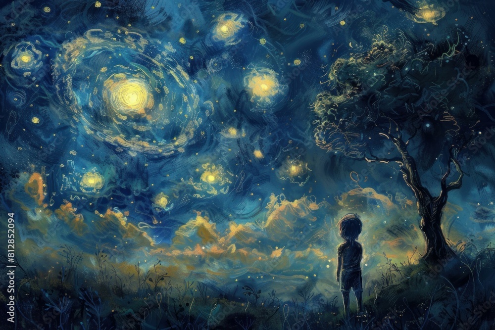 Artistic depiction of a child gazing at a surreal, starry night sky ...